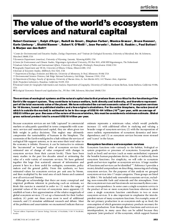 (PDF) The value of the world's ecosystem services and natural capital