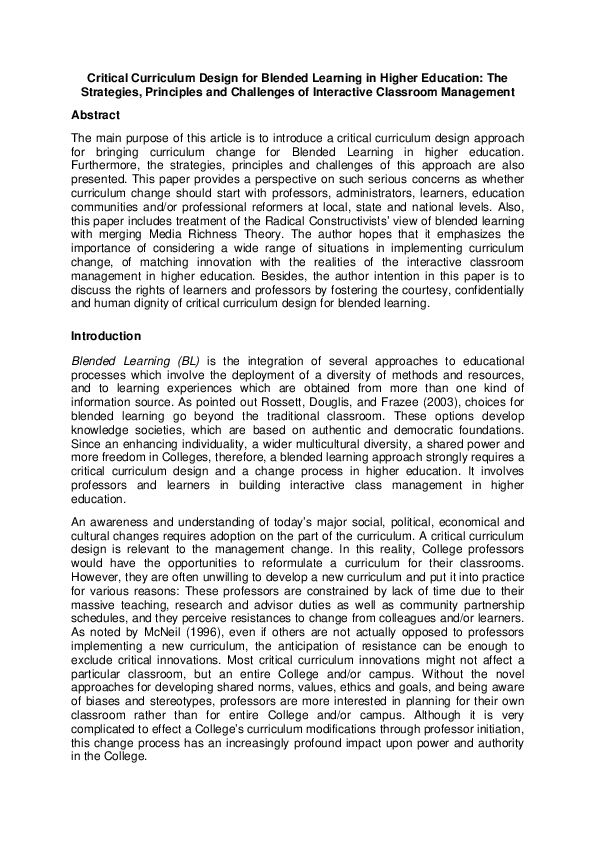 (PDF) Critical Curriculum Design for Blended Learning in Higher ...