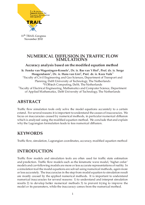 (PDF) Numerical diffusion in traffic flow simulations