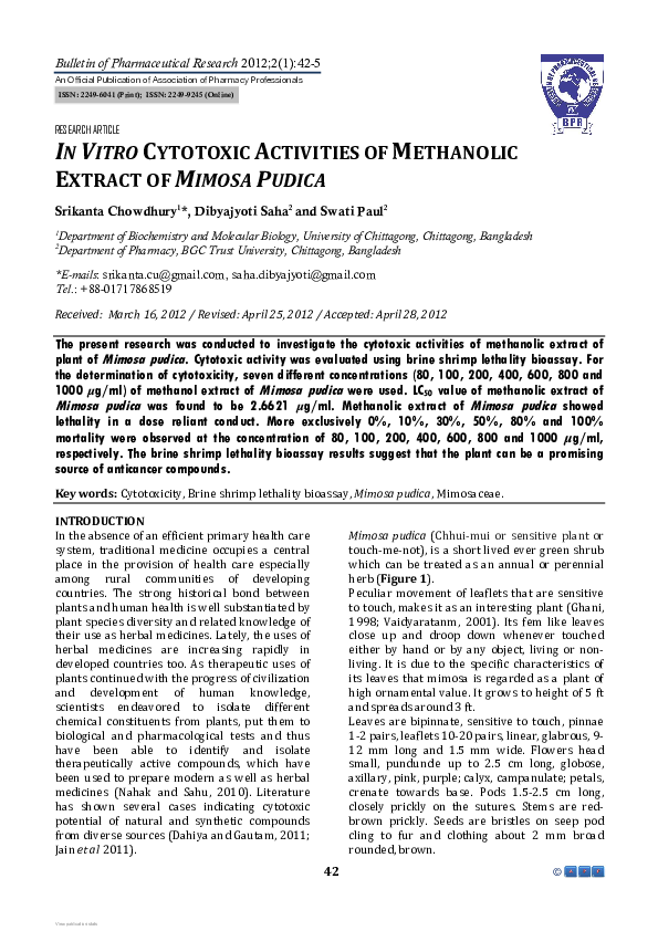 (PDF) In Vitro Cytotoxic Activities of Methanolic Extract of Mimosa Pudica