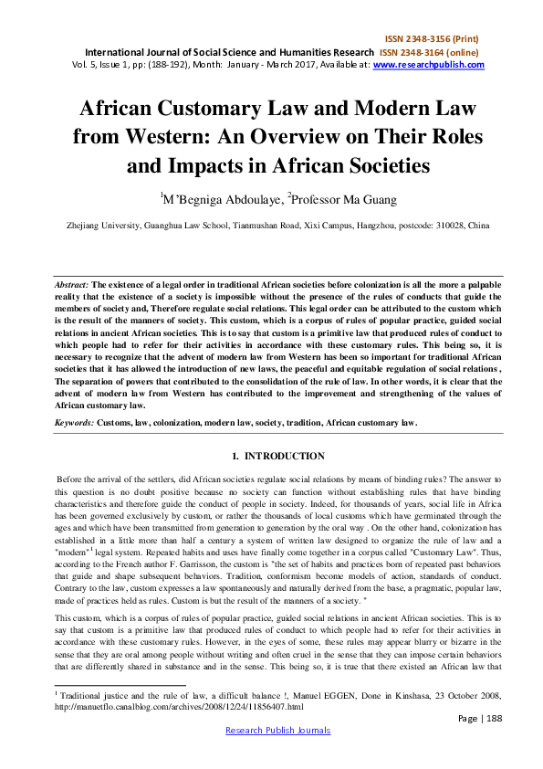 (PDF) African Customary Law and Modern Law from Western: An Overview on ...