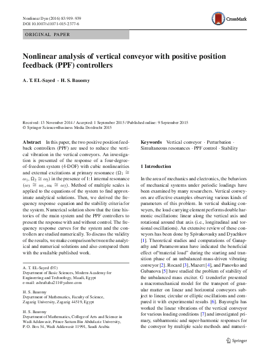 (PDF) Nonlinear analysis of vertical conveyor with positive position ...