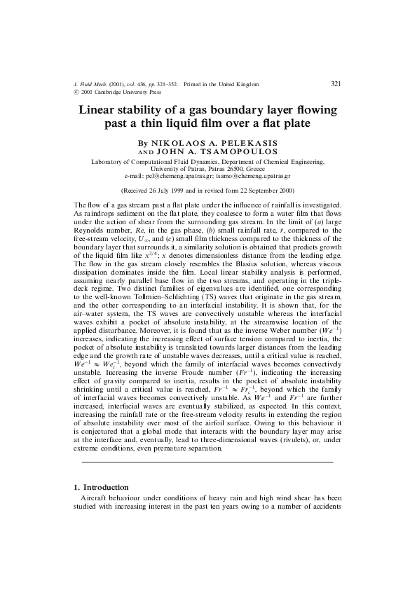 (PDF) Linear stability of a gas boundary layer flowing past a thin liquid film over a flat plate
