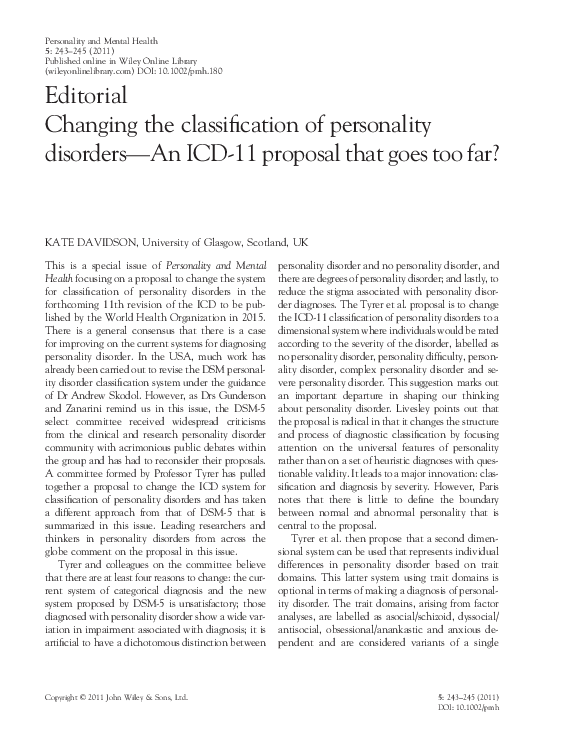 (PDF) Changing the classification of personality disorders-An ICD-11 ...
