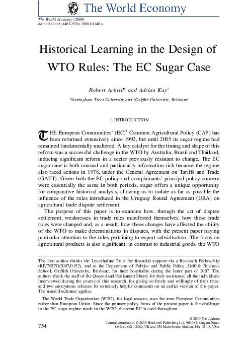 (PDF) Historical Learning in the Design of WTO Rules: The EC Sugar Case