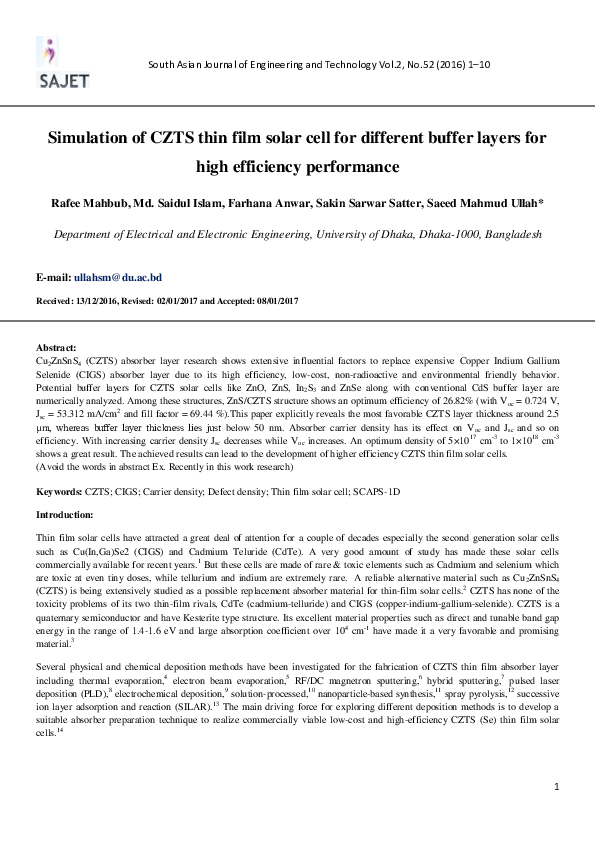 (PDF) Simulation of CZTS thin film solar cell for different buffer layers for high efficiency ...