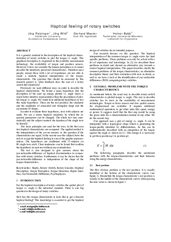 (PDF) Haptical feeling of rotary switches