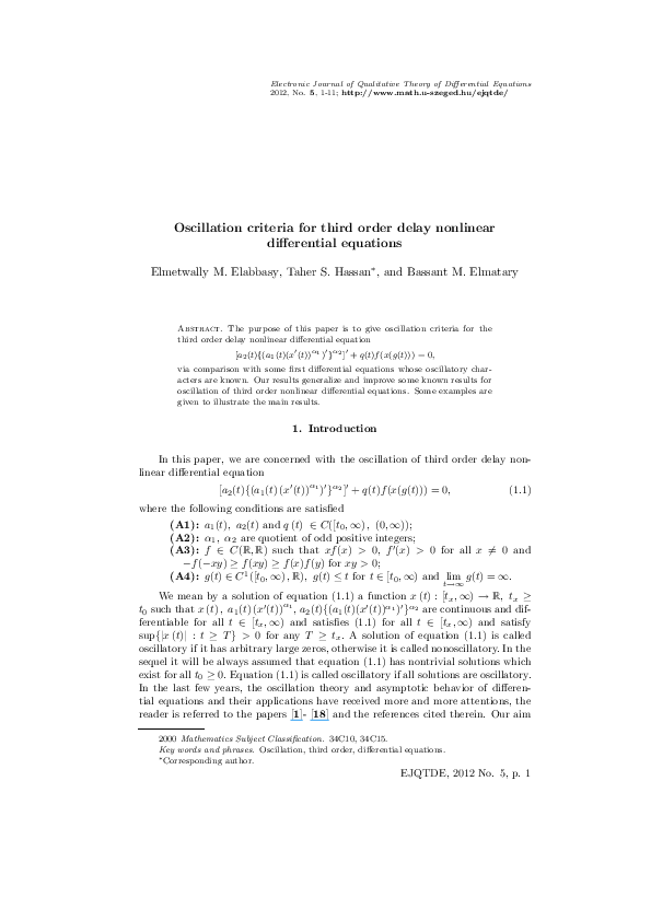 (PDF) Oscillation criteria for third order delay nonlinear differential ...