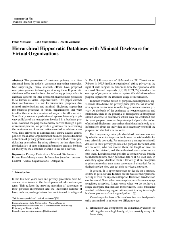 (PDF) Hierarchical hippocratic databases with minimal disclosure for virtual organizations