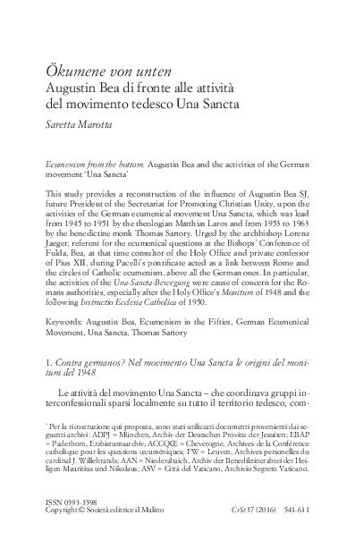 (PDF) Ökumene von Unten’: Augustin Bea di fronte alle attività del ...