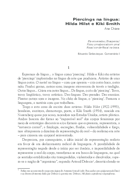 (PDF) Piercings na língua: Hilda Hilst e Kiki Smith