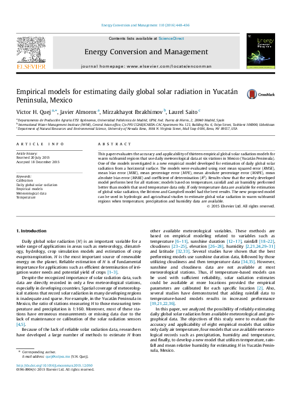 Pdf Empirical Models For Estimating Daily Global Solar Radiation In Yucatán Peninsula Mexico
