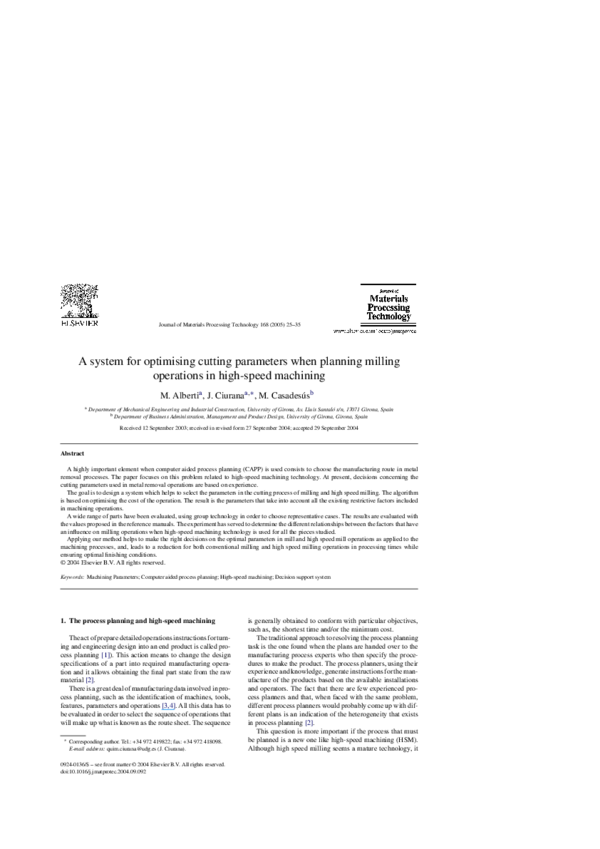 Pdf A System For Optimising Cutting Parameters When Planning Milling