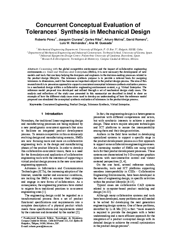 (PDF) Concurrent Conceptual Evaluation of Tolerances' Synthesis in Mechanical Design