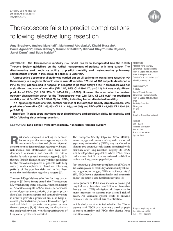 (PDF) Thoracoscore fails to predict complications following elective ...