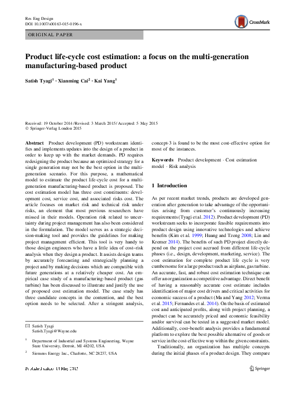 (PDF) Product life-cycle cost estimation: a focus on the multi-generation manufacturing-based ...