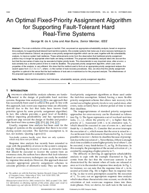 Pdf An Optimal Fixed Priority Assignment Algorithm For Supporting Fault Tolerant Hard Real