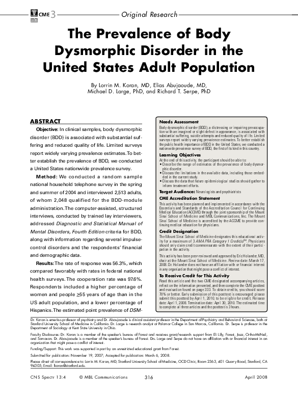 (PDF) The prevalence of body dysmorphic disorder in the United States ...