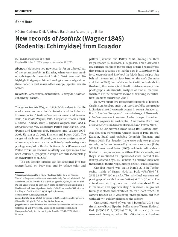 (PDF) New records of Isothrix (Wagner 1845) (Rodentia: Echimyidae) from ...