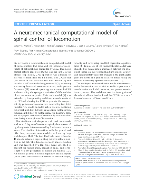 (PDF) A neuromechanical computational model of spinal control of locomotion