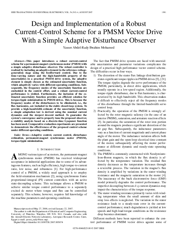 Pdf Design And Implementation Of A Robust Current Control Scheme For A Pmsm Vector Drive With