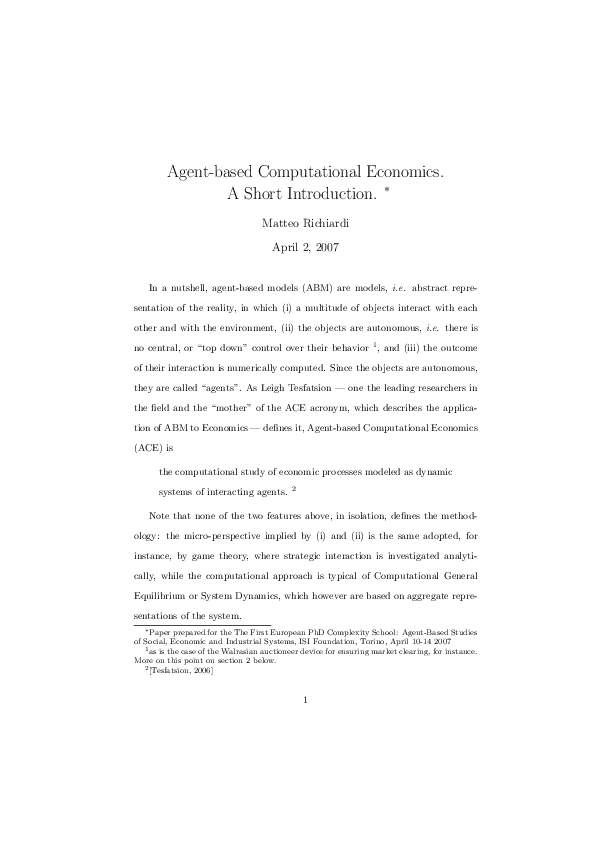 (PDF) Agent-based computational economics: a short introduction