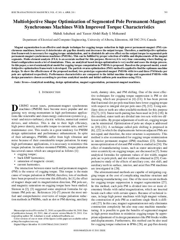 (PDF) Multiobjective Shape Optimization of Segmented Pole Permanent-Magnet Synchronous Machines ...