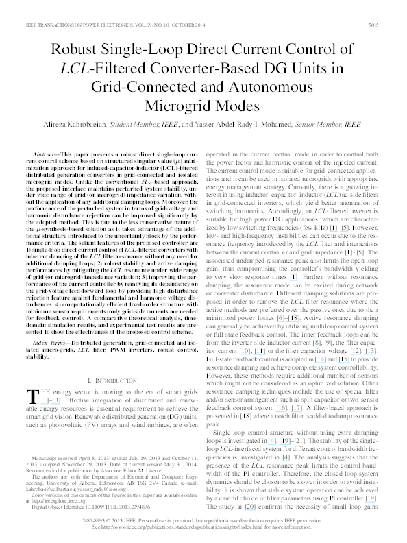 (PDF) Robust Single-Loop Direct Current Control of LCL-Filtered Converter-based DG Units in Grid ...