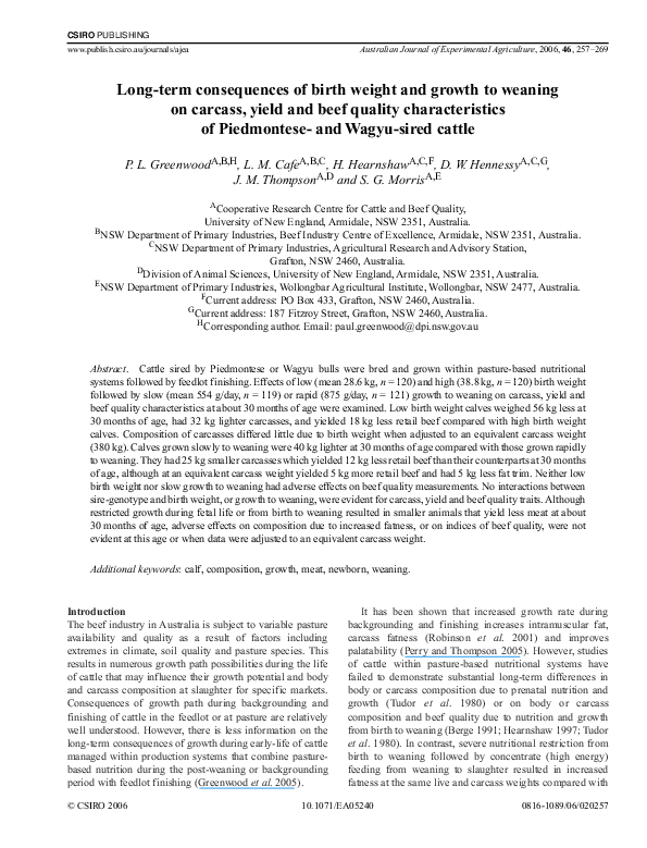 (PDF) Long-term consequences of birth weight and growth to weaning on carcass, yield and beef ...