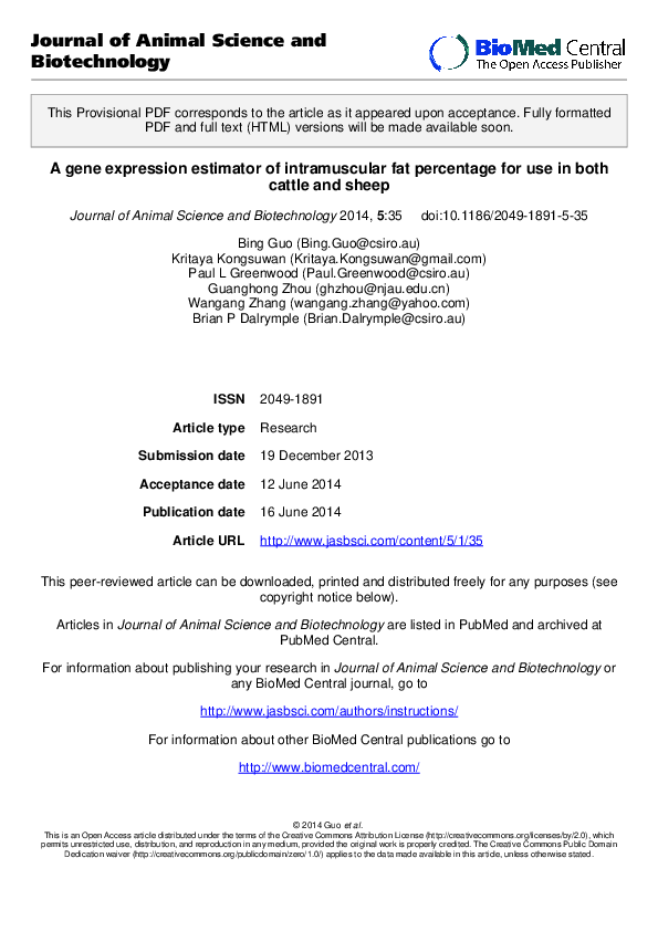 (PDF) A gene expression estimator of intramuscular fat percentage for ...