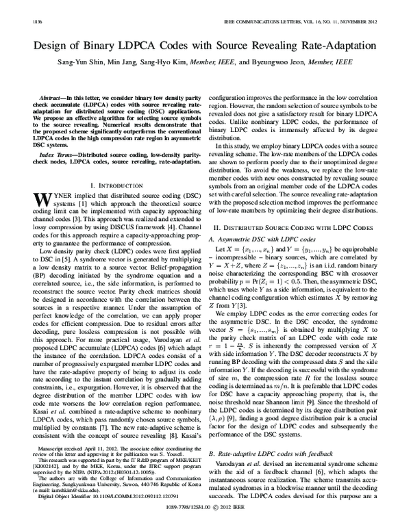 Pdf Design Of Binary Ldpca Codes With Source Revealing Rate Adaptation 