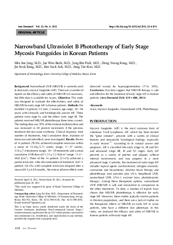 (PDF) Narrowband ultraviolet B phototherapy of early stage mycosis fungoides in korean patients