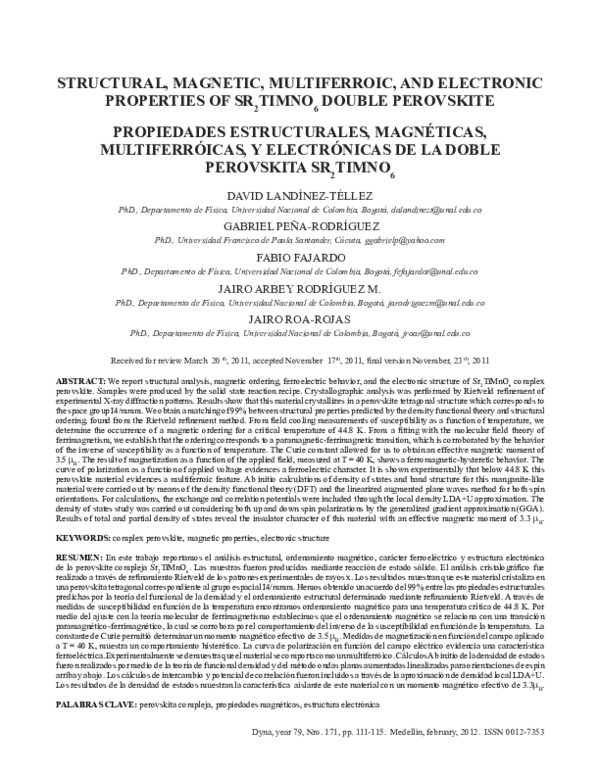 (PDF) Structural, magnetic, multiferroic and electronic properties of Sr2ZrMnO6 double perovskite