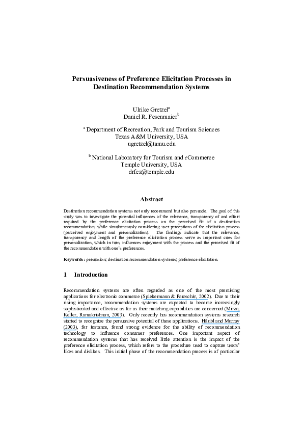 (PDF) Persuasiveness of Preference Elicitation Processes in Destination Recommendation Systems ...
