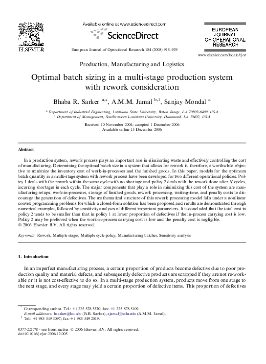 Pdf Optimal Batch Sizing With Rework Strategies