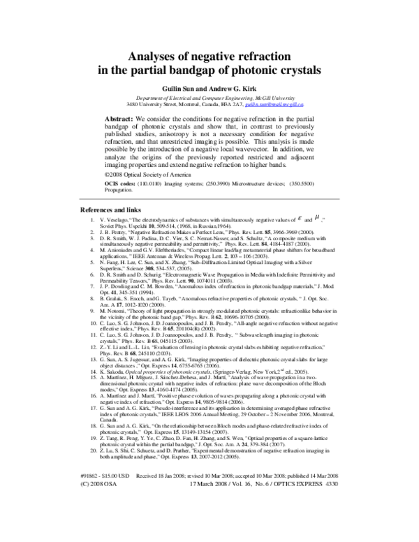 (PDF) Analyses of negative refraction in the partial bandgap of photonic crystals | Guilin Sun ...