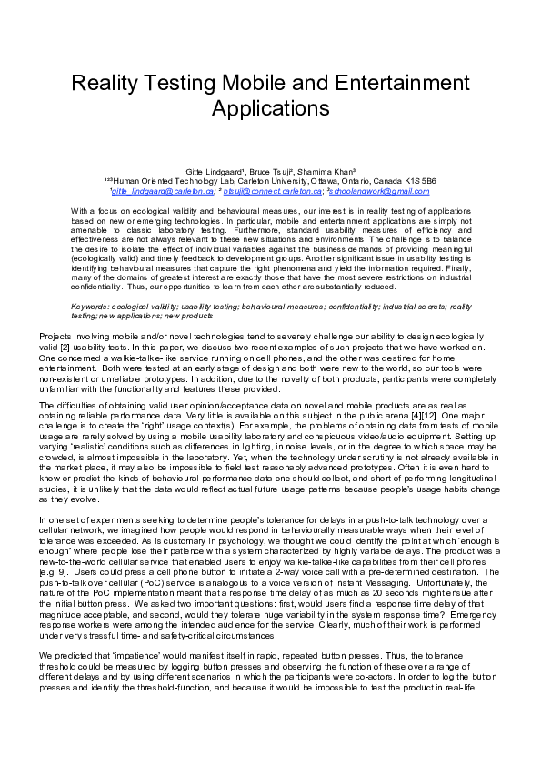 (PDF) Reality Testing Mobile and Entertainment Applications