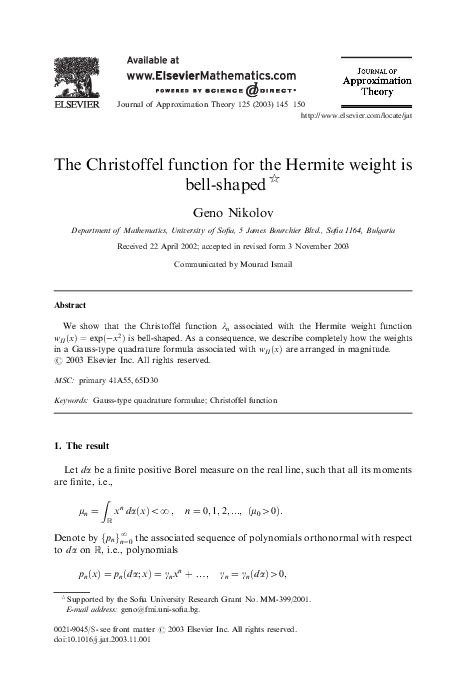 (PDF) The Christoffel function for the Hermite weight is bell-shaped