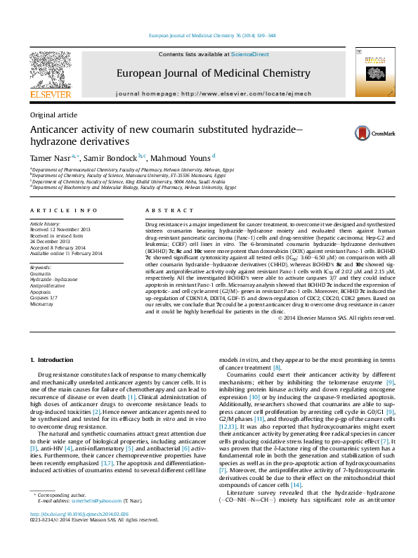 (PDF) Anticancer activity of new coumarin substituted hydrazide–hydrazone derivatives