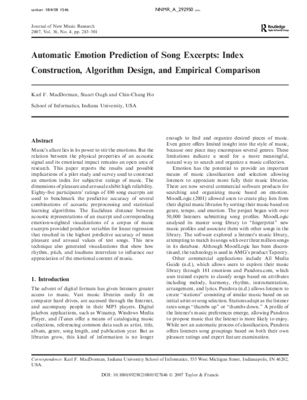 (PDF) Automatic Emotion Prediction of Song Excerpts: Index Construction, Algorithm Design, and ...