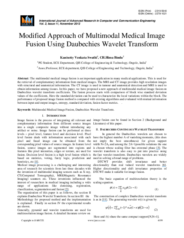 (PDF) Comparative Analysis of Multimodal Medical Image Fusion using PCA and Wavelet Transforms ...