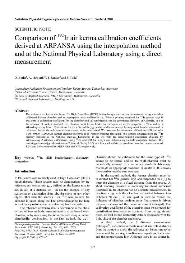 (PDF) Comparison of192Ir air kerma calibration coefficients derived at ARPANSA using the ...