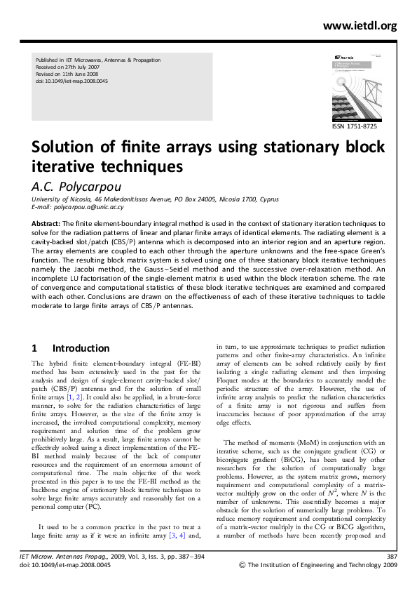 Pdf Solution Of Finite Arrays Using Stationary Block Iterative Techniques