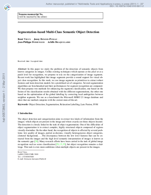 (PDF) Segmentation-based multi-class semantic object detection | Achille Braquelaire - Academia.edu