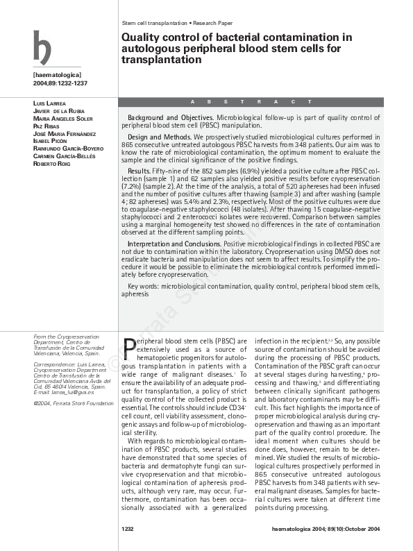 (PDF) Quality control of bacterial contamination in autologous ...