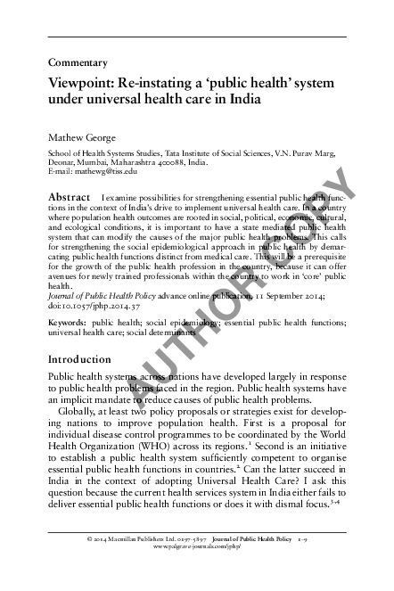 (PDF) Re-instating a 'public health' system under universal health care ...