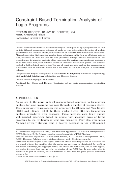 Pdf Constraint Based Termination Analysis Of Logic Programs Danny