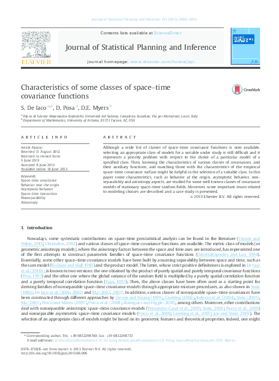 (PDF) Characteristics of some classes of space–time covariance functions