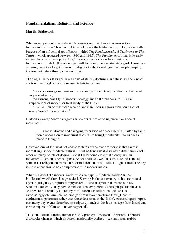 (PDF) Fundamentalism, Religion, and Science