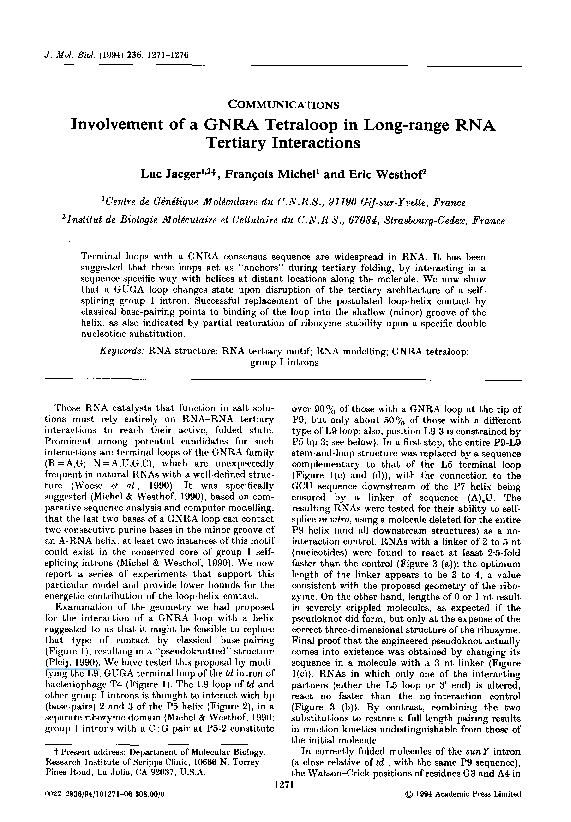 (PDF) Involvement of a GNRA tetraloop in long-range RNA tertiary ...